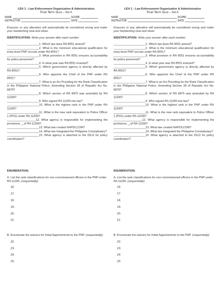 PNP Laws and Rank Classifications Quiz | PDF | Law Enforcement Agency ...