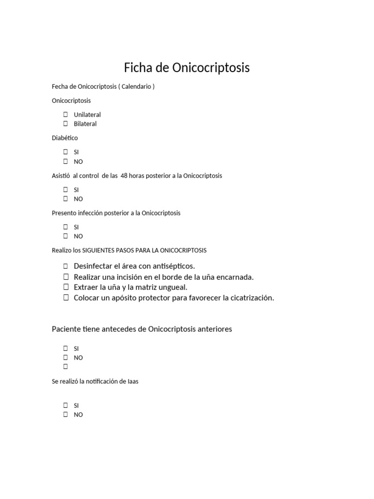 Ficha Clínica de Onicocriptosis Detallada | PDF
