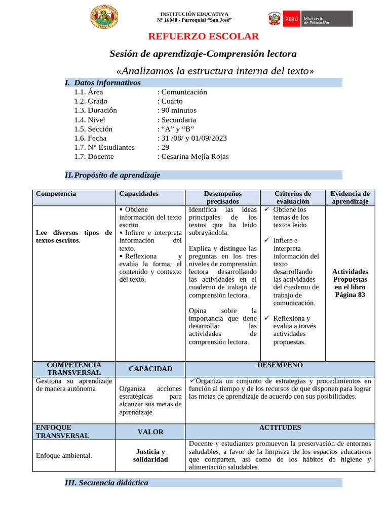 4°_SESIÓN_APRENDIZAJE_5_REFUERZO_ESCOLAR_ESTRUCTURA INTERNA DEL TEXTO ...