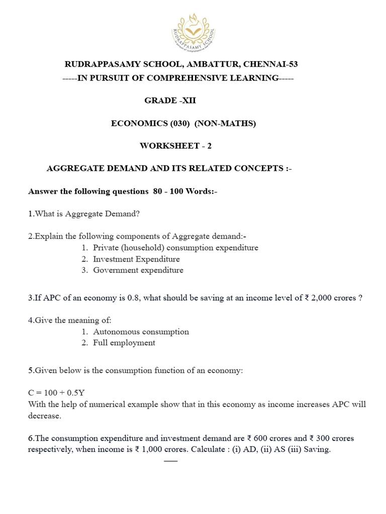 Economics Worksheet on Aggregate Demand | PDF