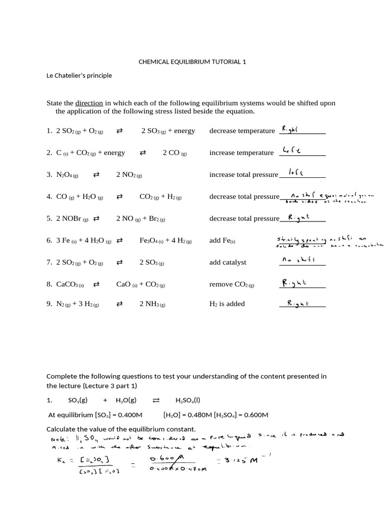 CHEMICAL EQUILIBRIUM TUTORIAL 1 and 2 Solutions | PDF | Chemical Equilibrium | Chemistry