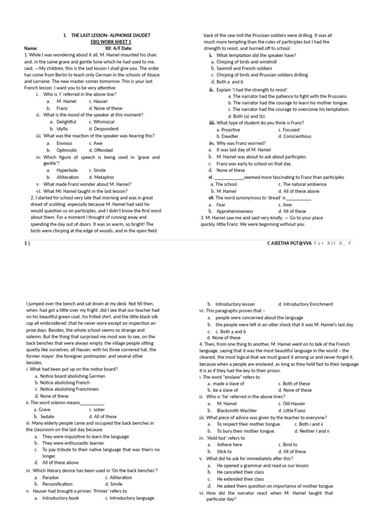 LAST LESSON EBQ WORK SHEET 1 | PDF | Human Communication | Learning