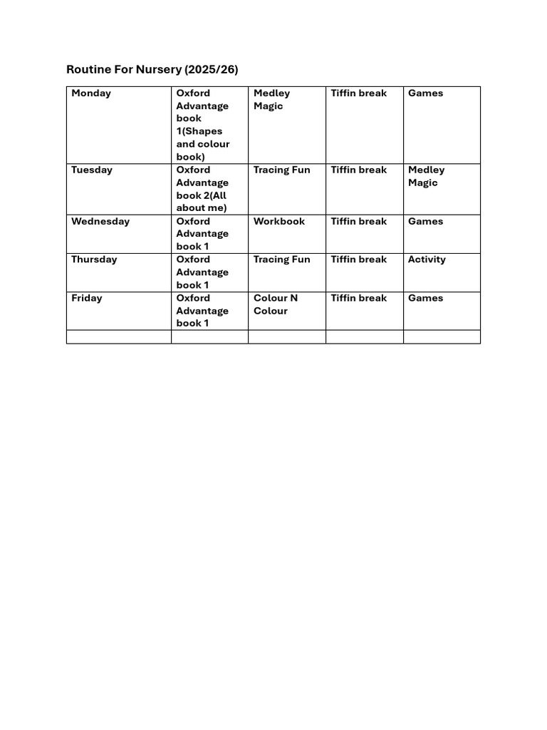 Nursery Routine 2025/26 Schedule | PDF