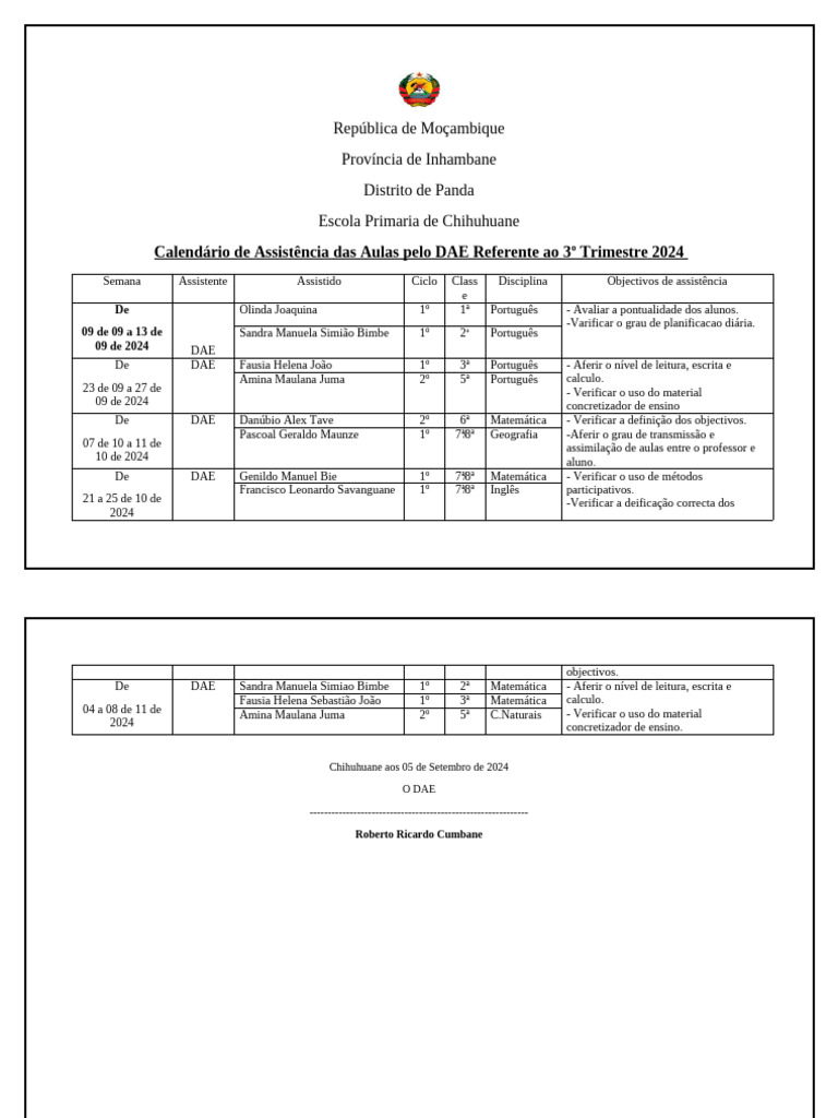Calendário de Aulas - Escola Chihuhuane 2024 | PDF