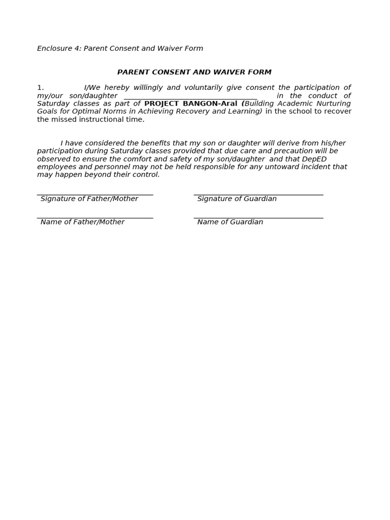 Bangon Aral Parent Consent and Waiver Form | PDF