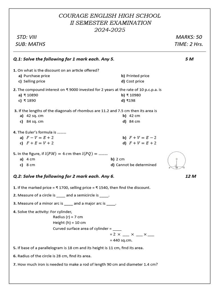8th MAths 2nd Sem'2024-25 | PDF | Area | Circle