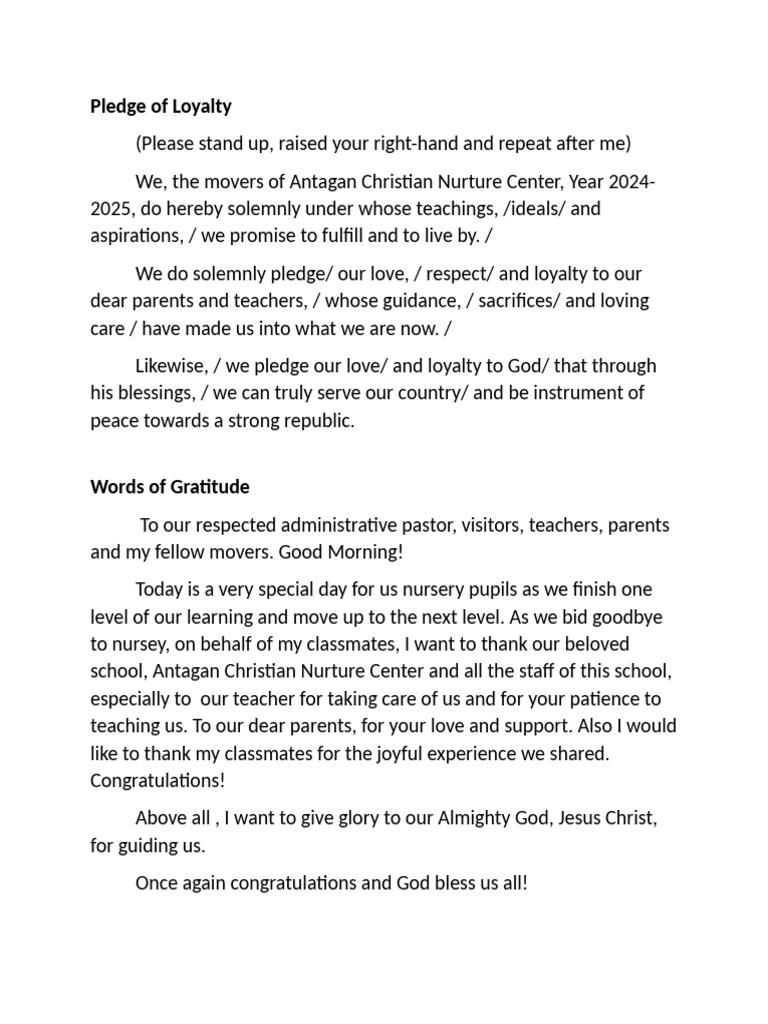 Loyalty Pledge and Gratitude Speech | PDF