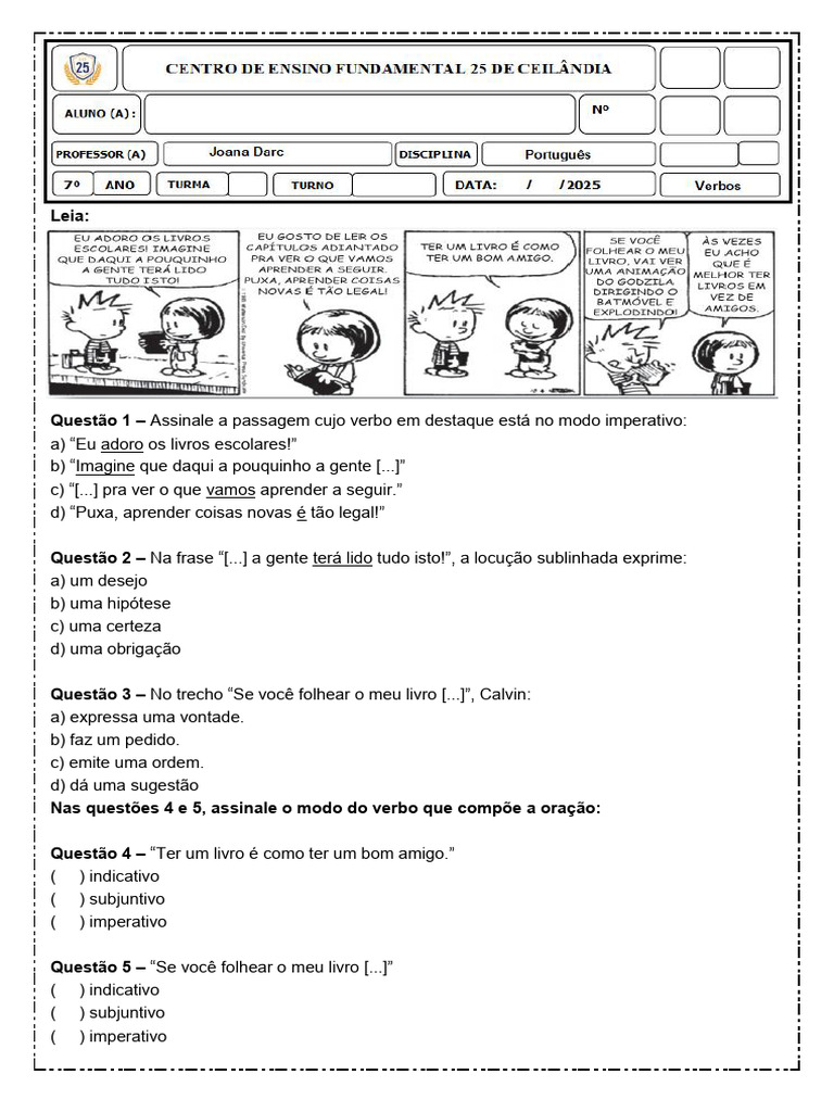 Atividade de Português Indicativo Subjuntivo Imperativo | PDF