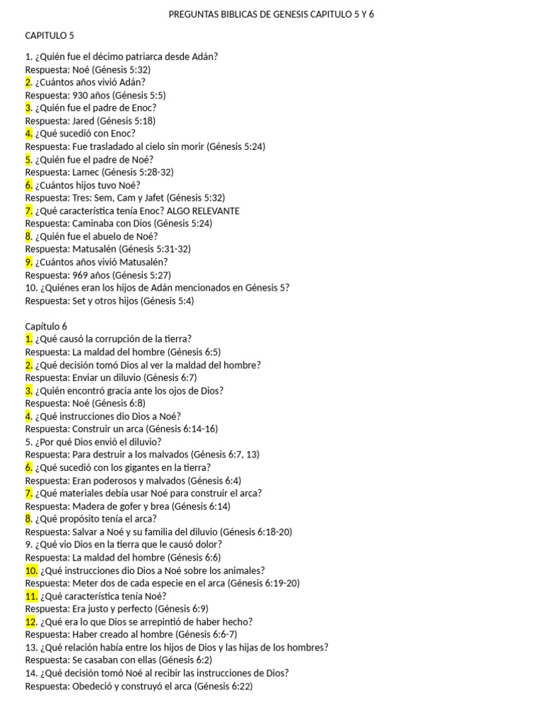 Preguntas Biblicas de Genesis Capitulo 5 y 6 | PDF