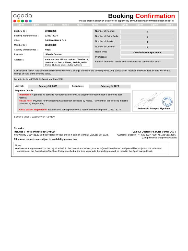Confirmation For Booking ID # 878002285 | PDF