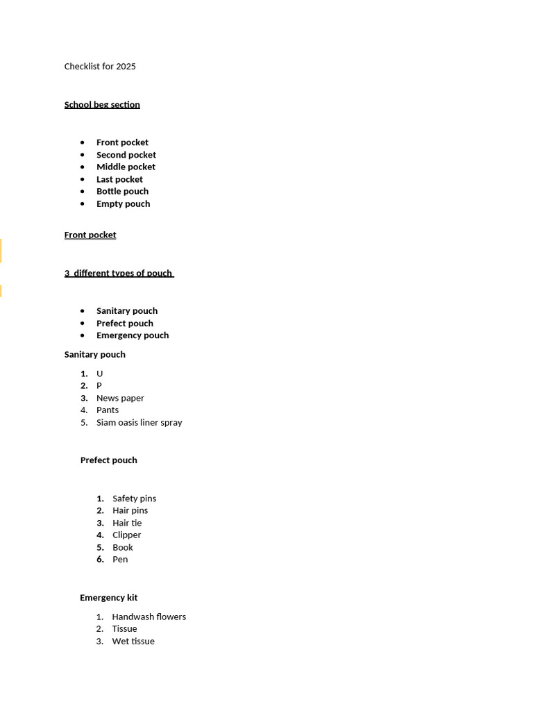 2025 School Checklist and Pouch Guide | PDF