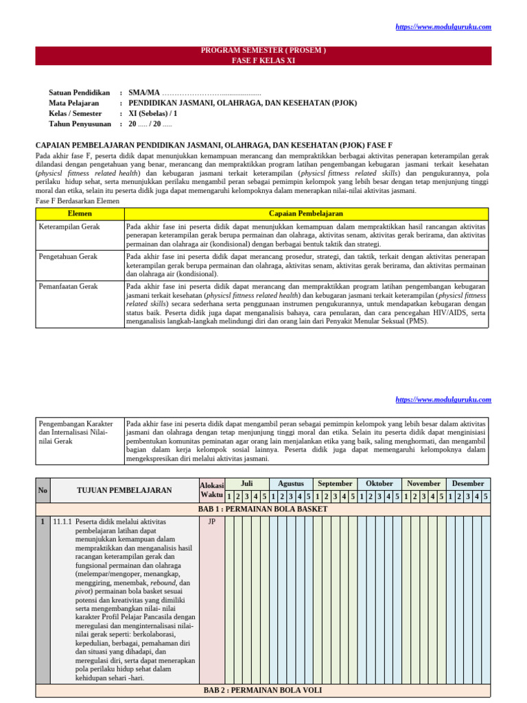 Prosem Kelas 11 SMA PJOK Fase F | PDF | Karier & Perkembangan