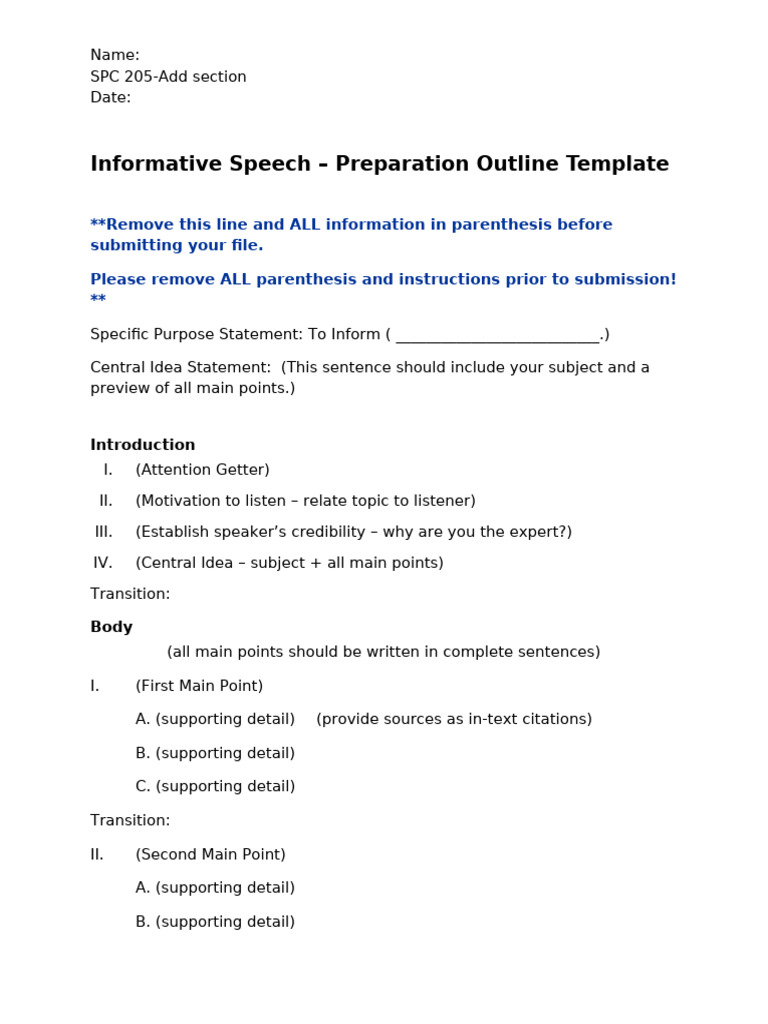 Informative Outline Template For Preparation Outline | PDF