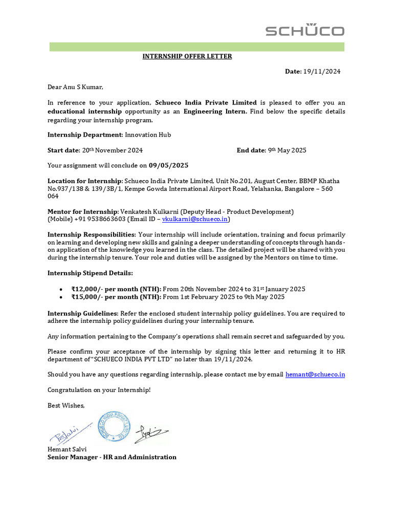 INTERNSHIP OFFER LETTER NDA -Anu S Kumar (1) | PDF