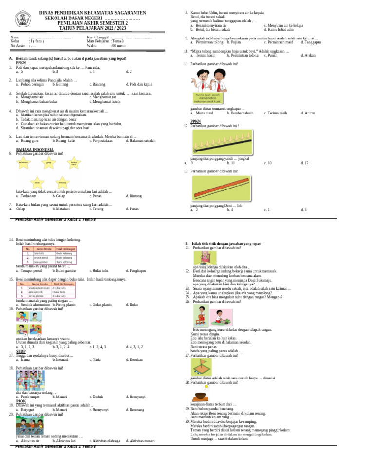 Soal Pas Kelas 1 Tema 8 Sms 2 K-13 | PDF