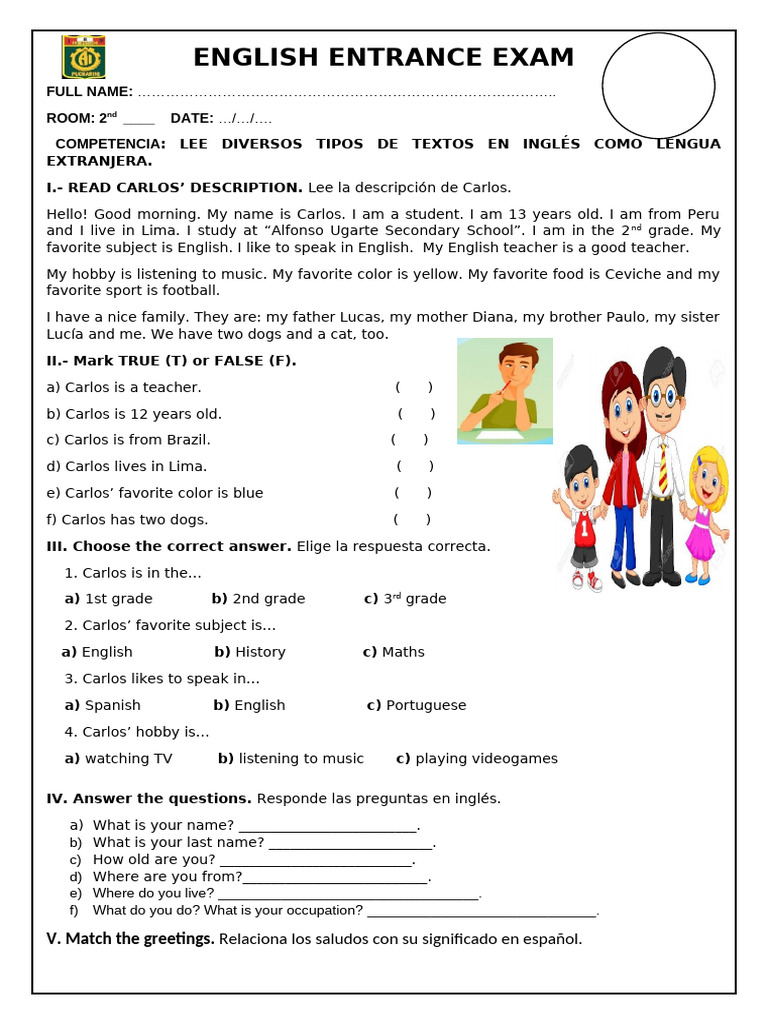 ENGLISH Entrance Exam 2do PUCHARINI | PDF