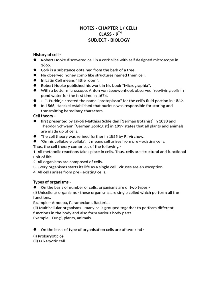 Class 9 Notes Bio Chapter 1 CELL | PDF | Chloroplast | Endoplasmic ...