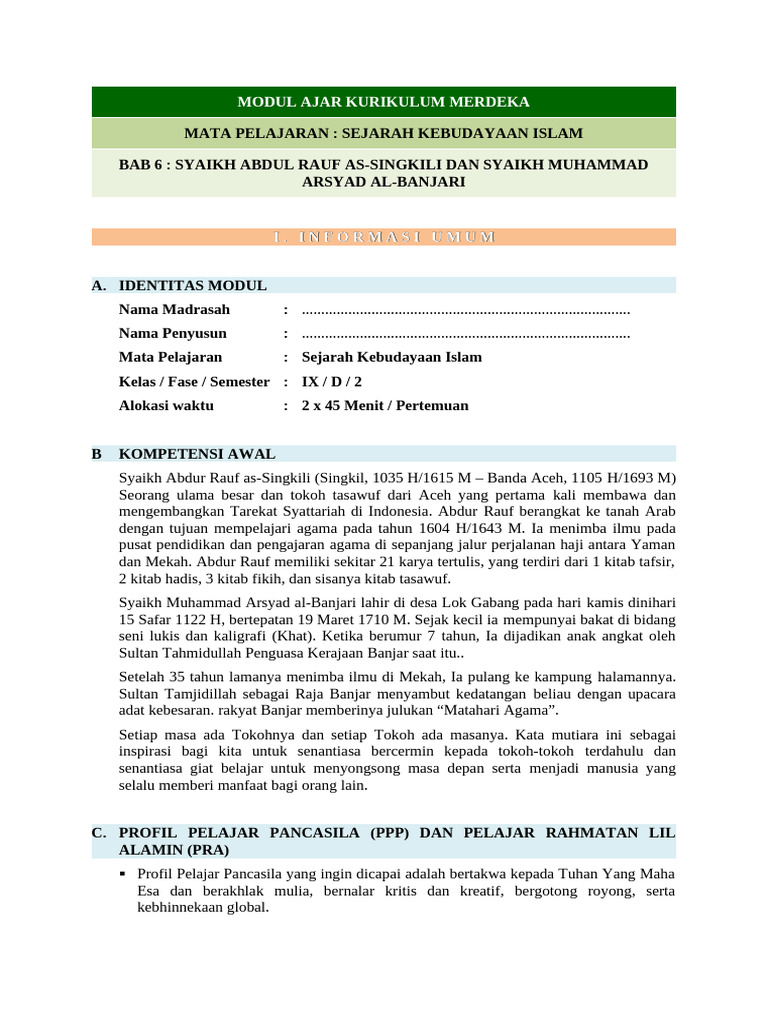 Modul SKI 9 Bab 6 - Syaikh Abdul Rauf As-Singkili dan Syaikh Muhammad Arsyad Al-Banjari | PDF