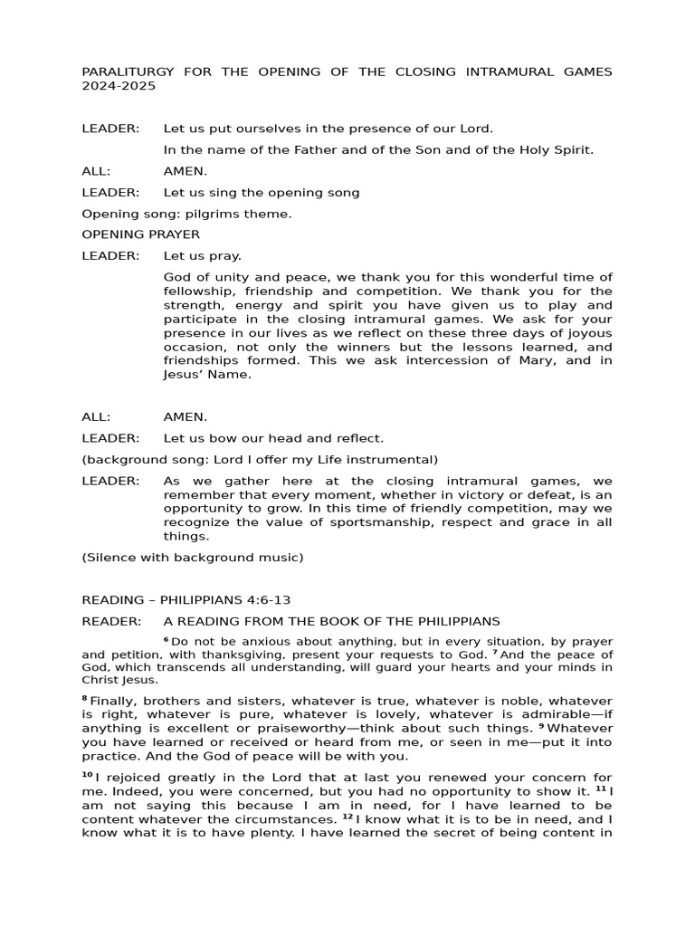 Paraliturgy For The Opening of The Closing Intramural Games 2024 | PDF ...