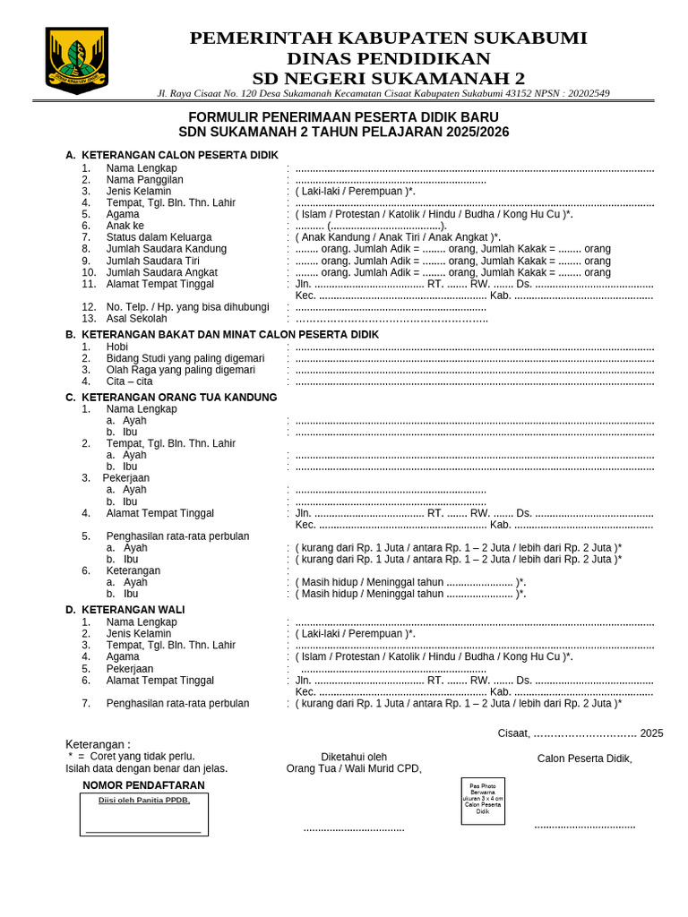Formulir Penerimaan Peserta Didik Baru | PDF