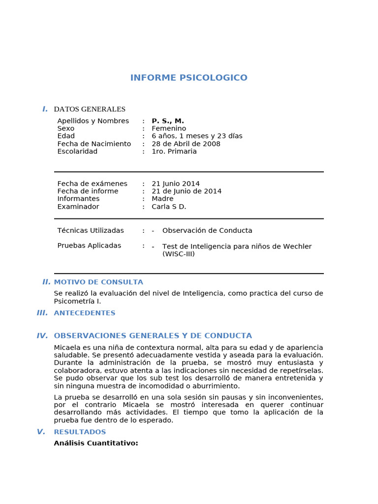 Tarea - INFORME WISC-III | PDF | Inteligencia | Cociente de inteligencia