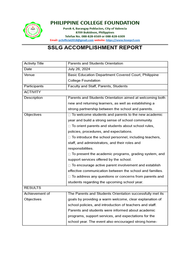 SSLG Accomplishment Report | PDF | Mathematics | Leadership