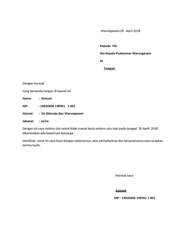 Surat Ijin Tidak Masuk Kerja | PDF