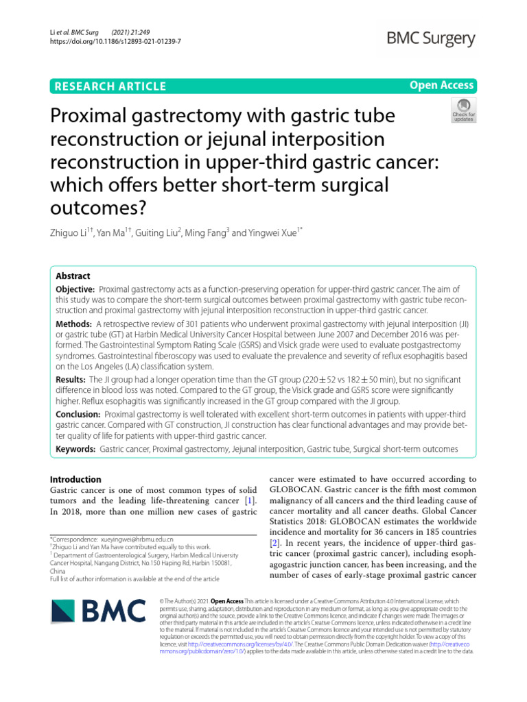 Proximal Gastrectomy With Gastric Tube Reconstruction or Jejunal Interposition Reconstruction in ...
