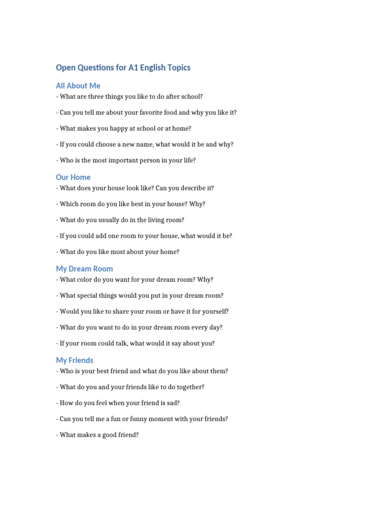 A1 English Topics Questions | PDF