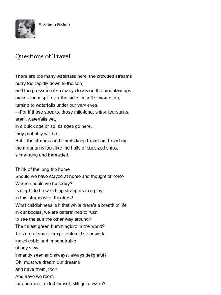 Questions of Travel by Elizabeth Bishop - Famous Poems, Famous Poets ...