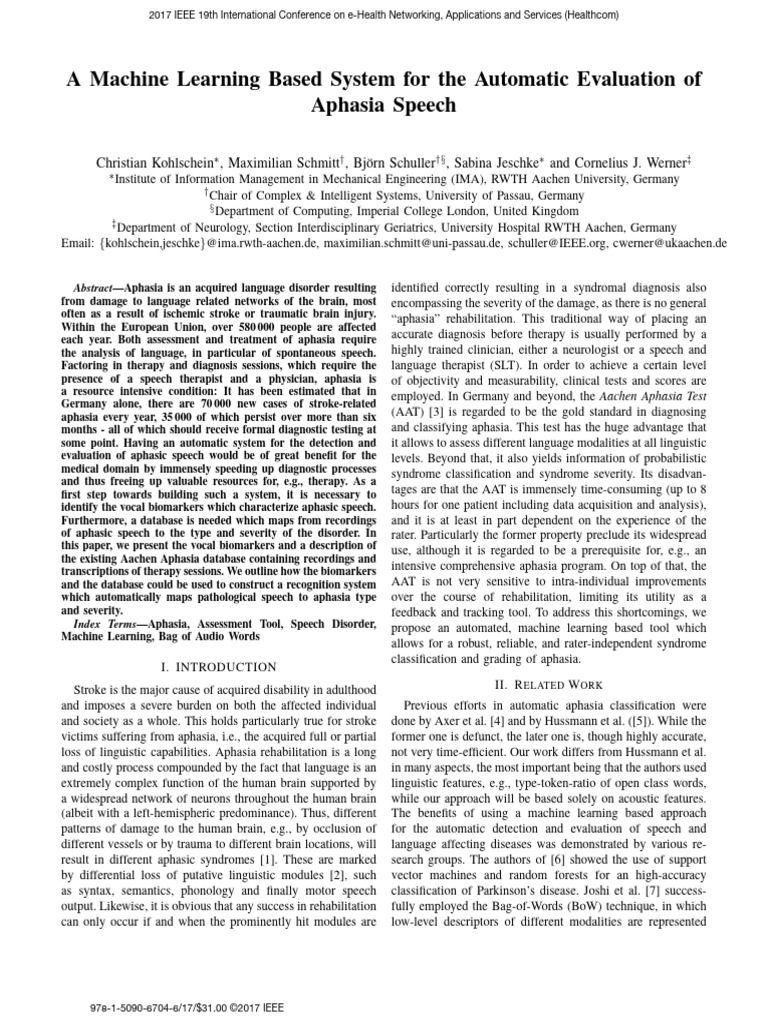 ML Based System For The Automatic Evaluation | PDF | Aphasia | Support ...