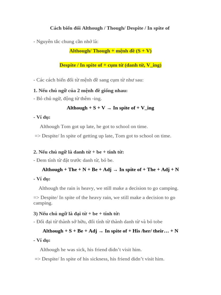 Cách biến đổi Although | PDF