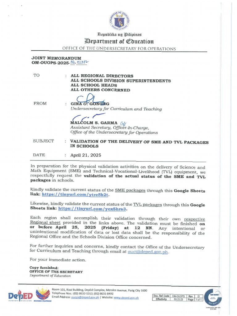 OM OUOPS 2025 02 02352 Validation of SME and TVL Delivery | PDF