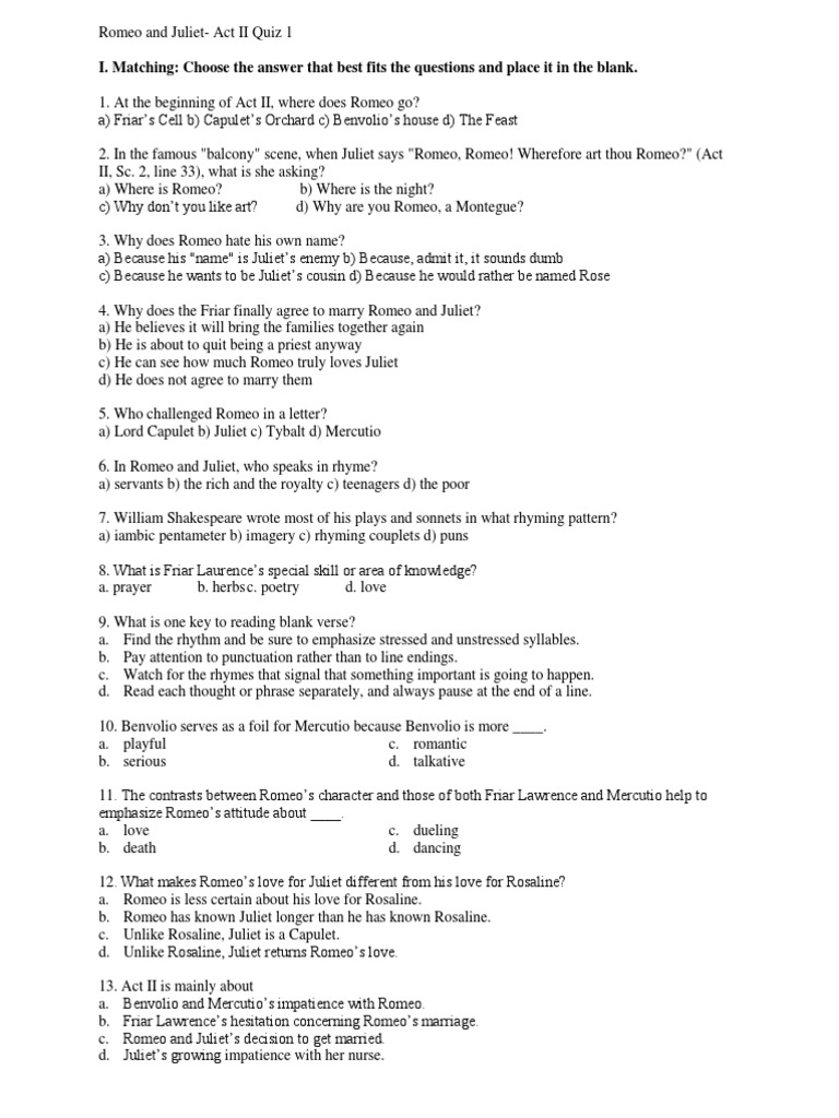 R & J Act II Quiz 1 | PDF | Romeo And Juliet | Characters In Romeo And ...