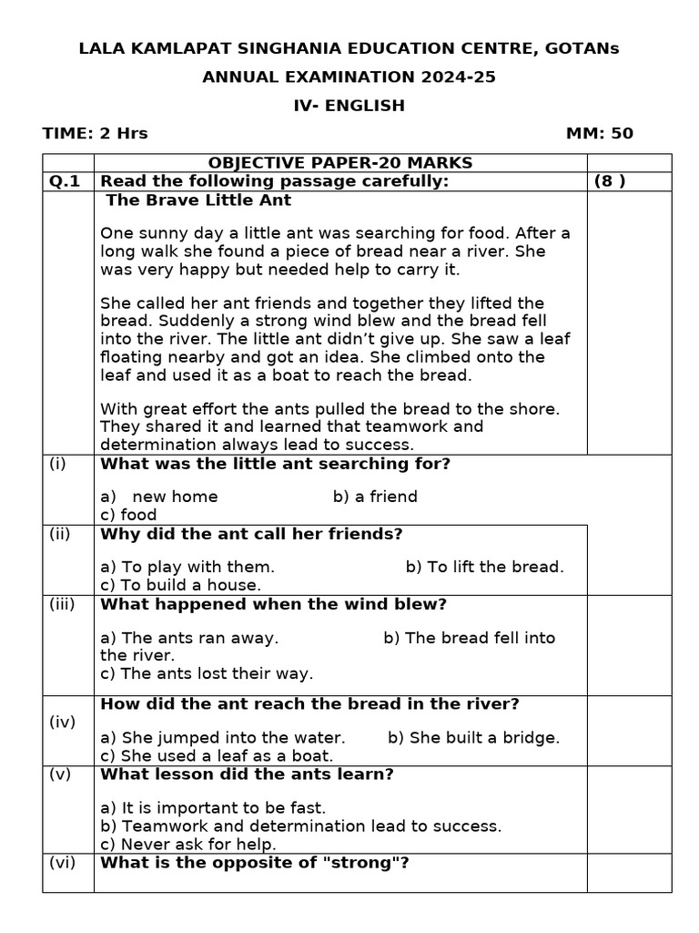 Annual Examination Class 4 English | PDF