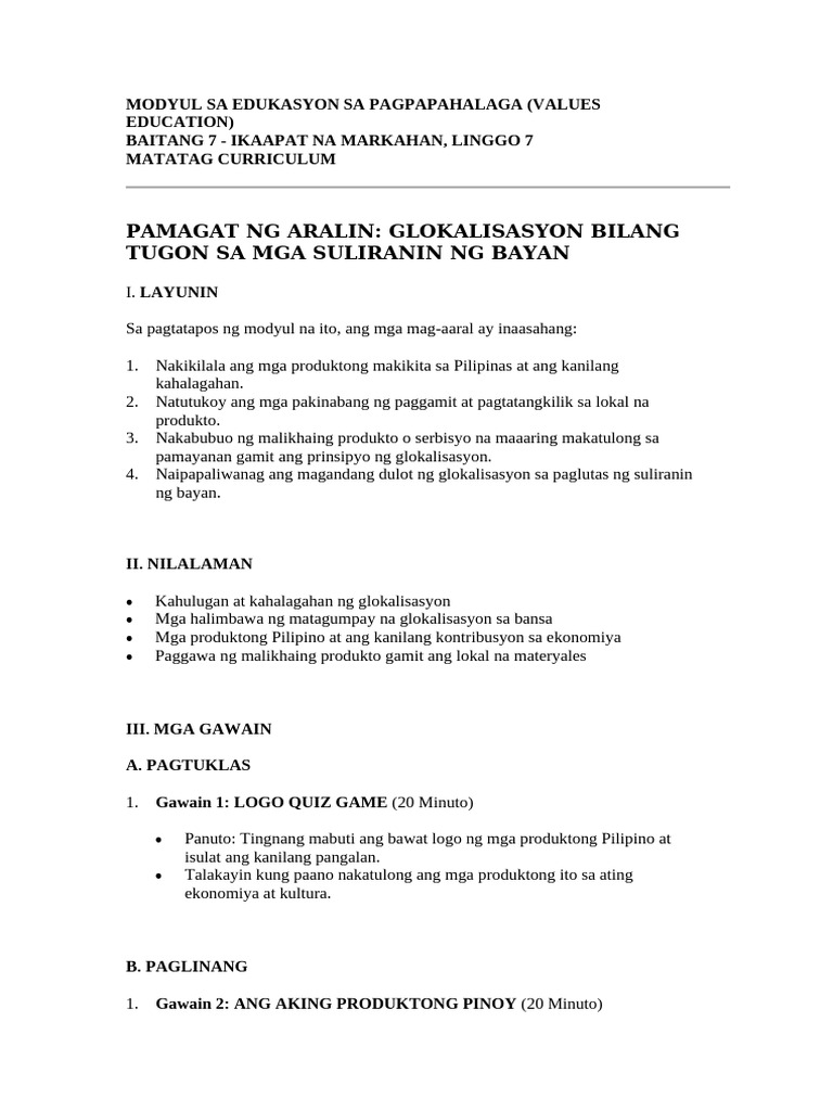 Modyul Sa Edukasyon Sa Pagpapahalaga g7-q4-w7 | PDF