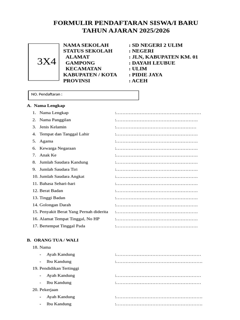 Formulir Pendaftaran Siswa | PDF