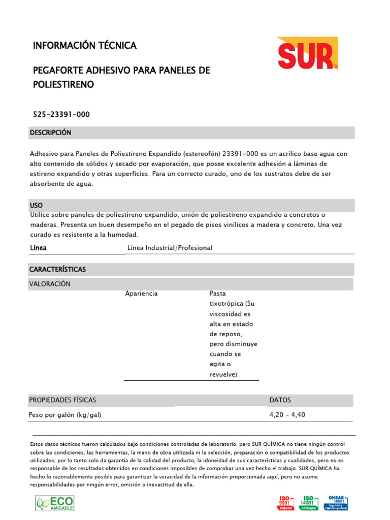 FICHA TECNICA PEGAFORTE Español | PDF | Poliestireno | Laboratorios