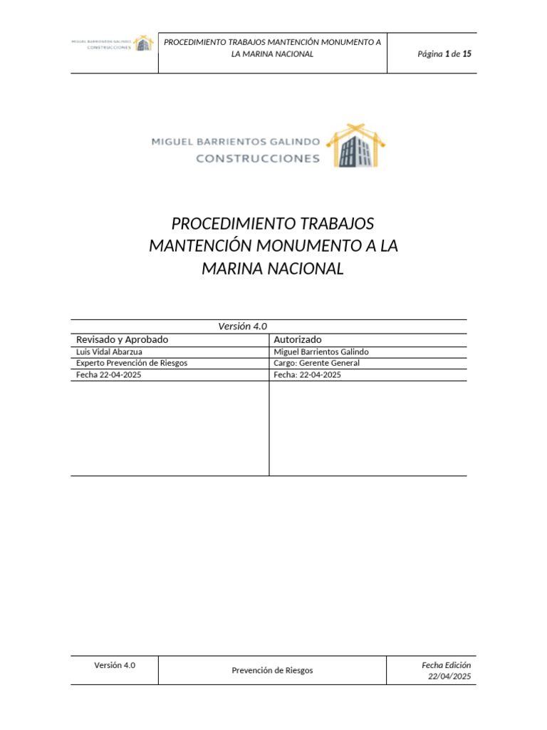 Procedimiento Trabajos Mantención Monumento A La Marina Nacional | PDF | Seguridad y salud ...