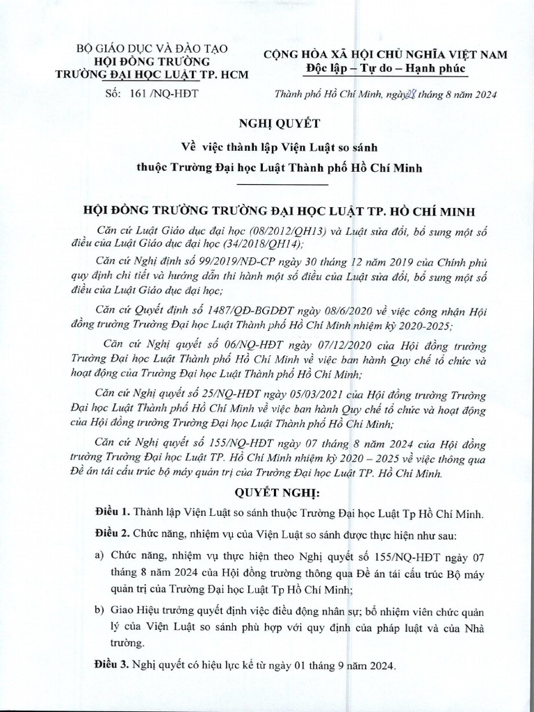 161 NQ Thanh Lap Vien Luat So Sanh Thuoc Truong | PDF