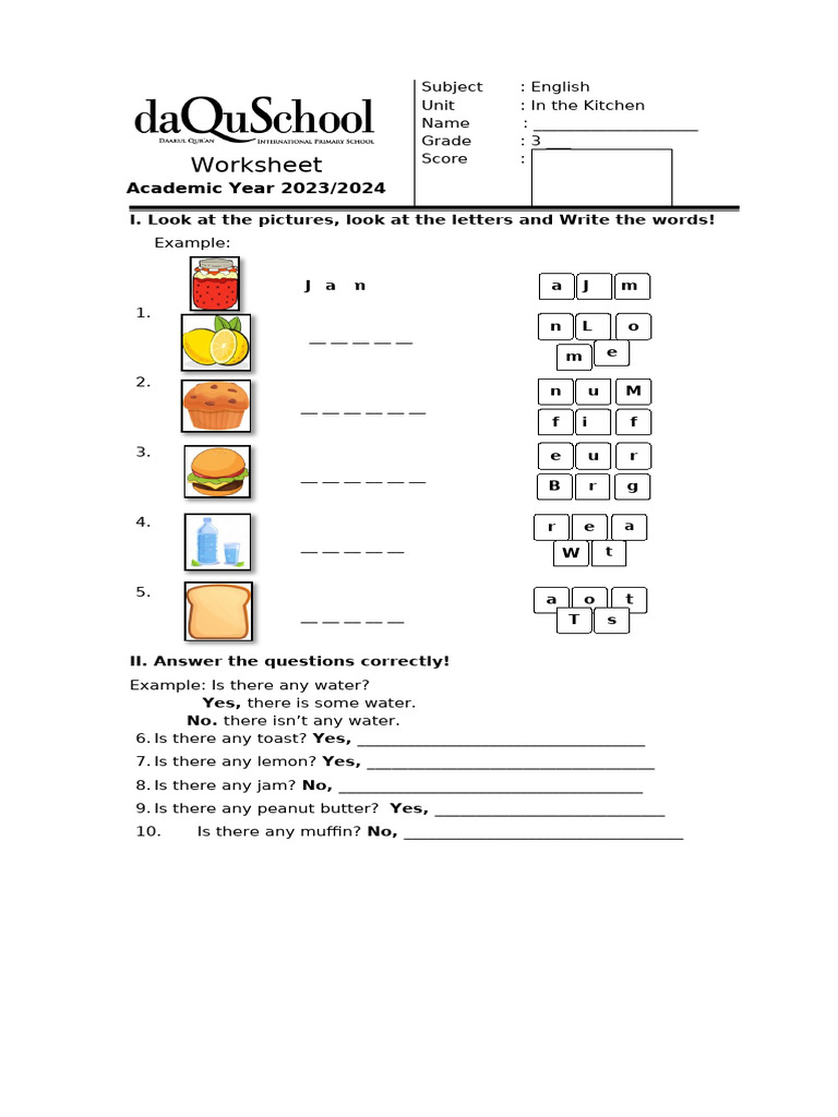 English - Worksheet in the kitchen 2 | PDF