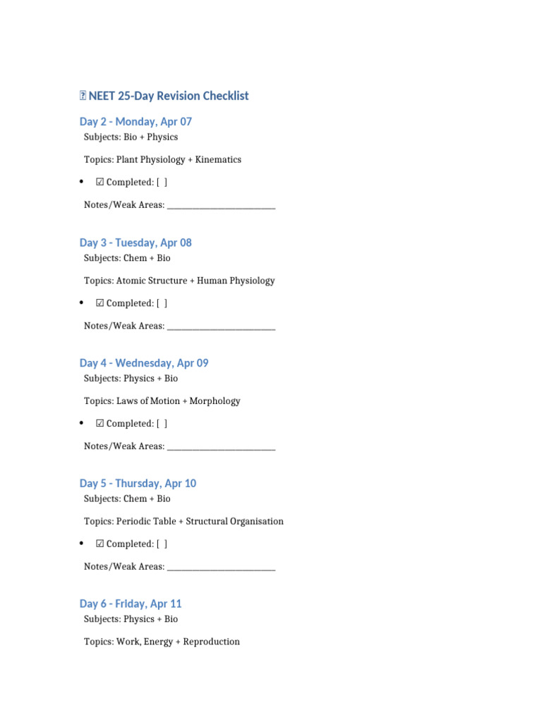 NEET 25 Day Revision Checklist | PDF | Physics | Physical Sciences
