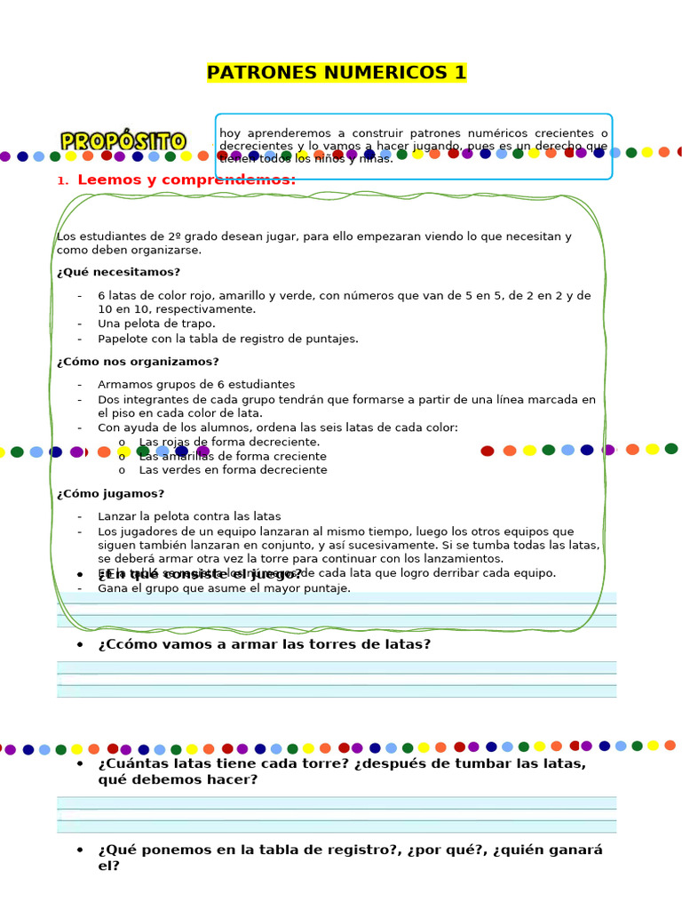 Juego de Patrones Numéricos para Niños | PDF | Aprendizaje
