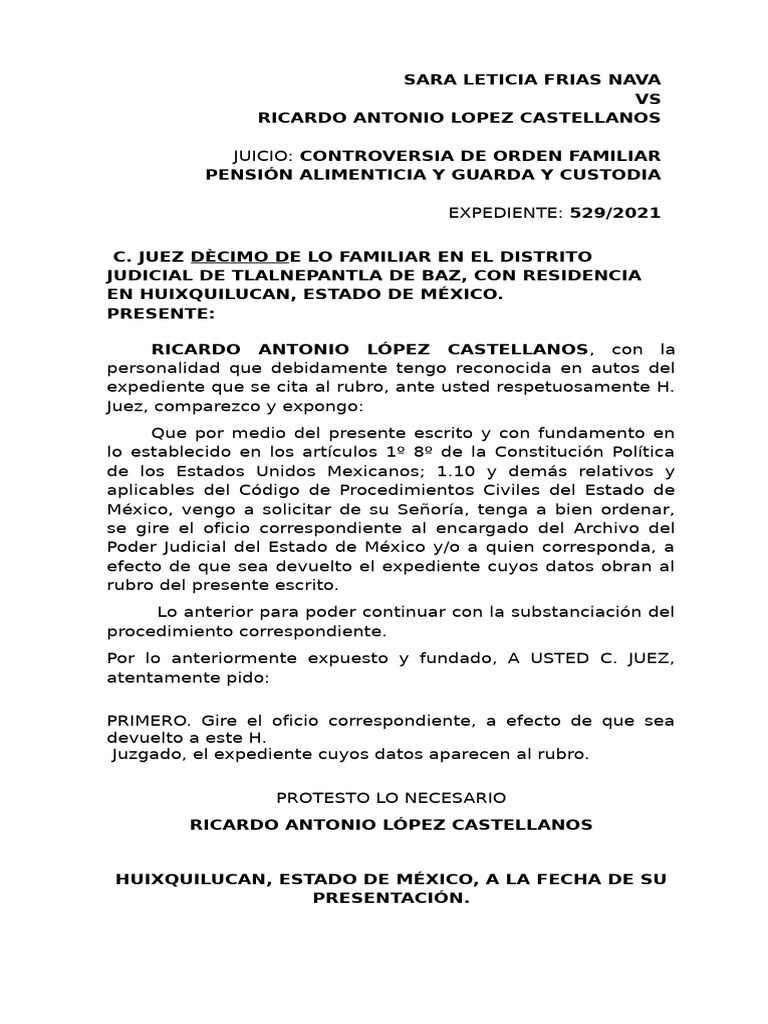 Escrito de Solicitud Devolución de Expediente de Archivo Estado de México | PDF