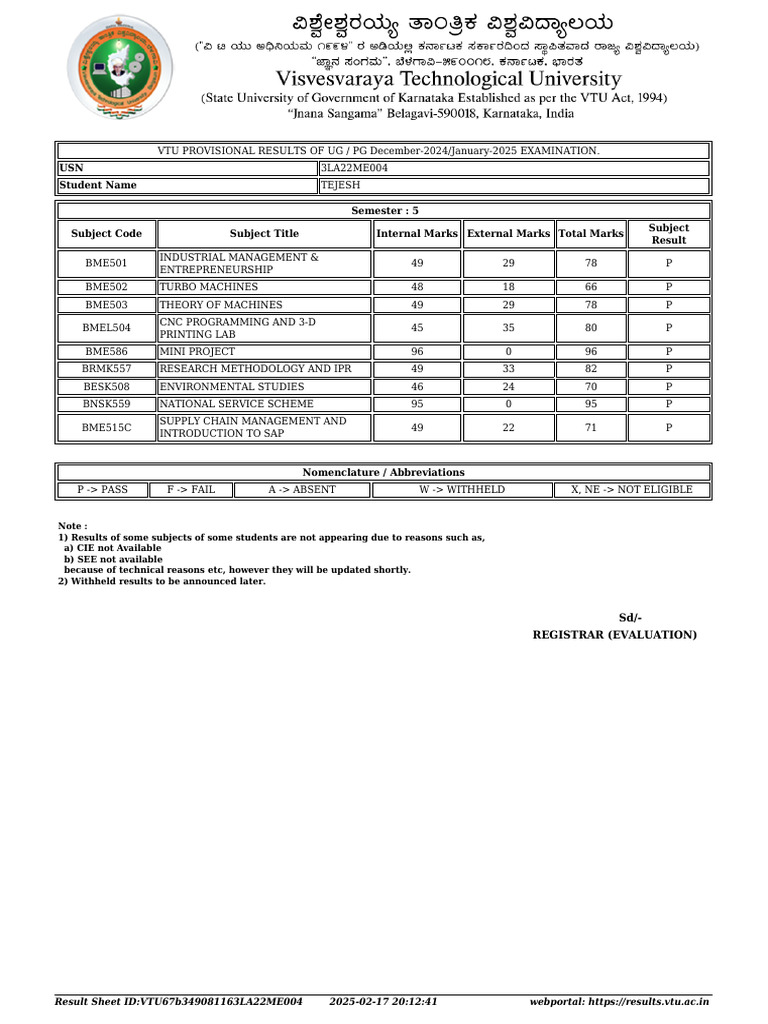 VTU Provisional Results Sheet | PDF