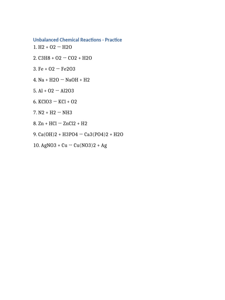 Unbalanced Chemical Reactions Practice | PDF