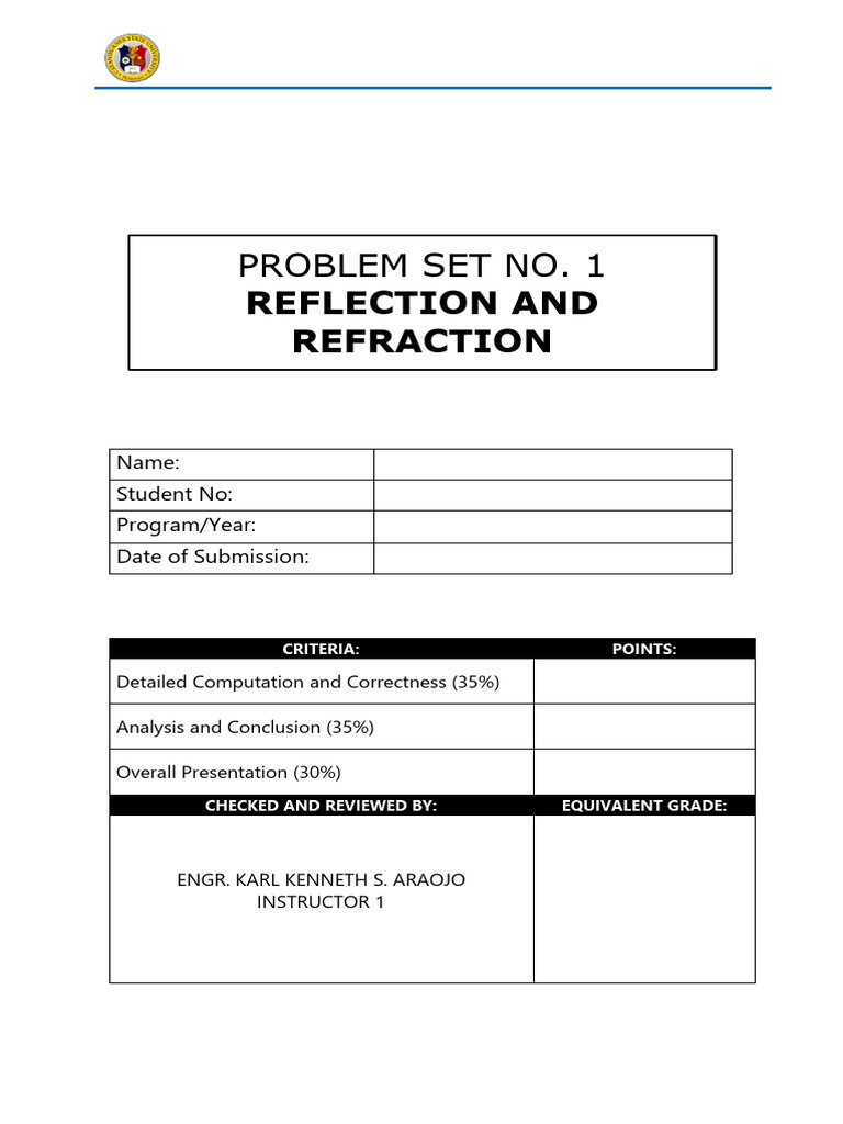 Problem Set No. 1 Reflection and Refraction | PDF | Mirror | Optics