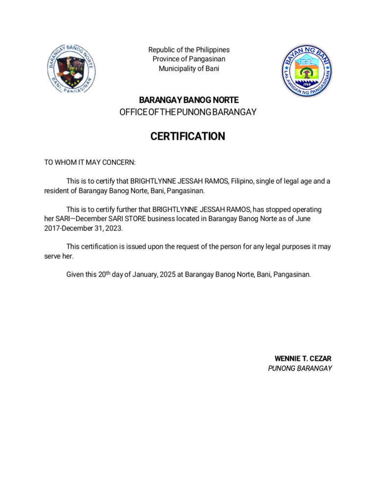 Certification of Business Closure in Bani | PDF
