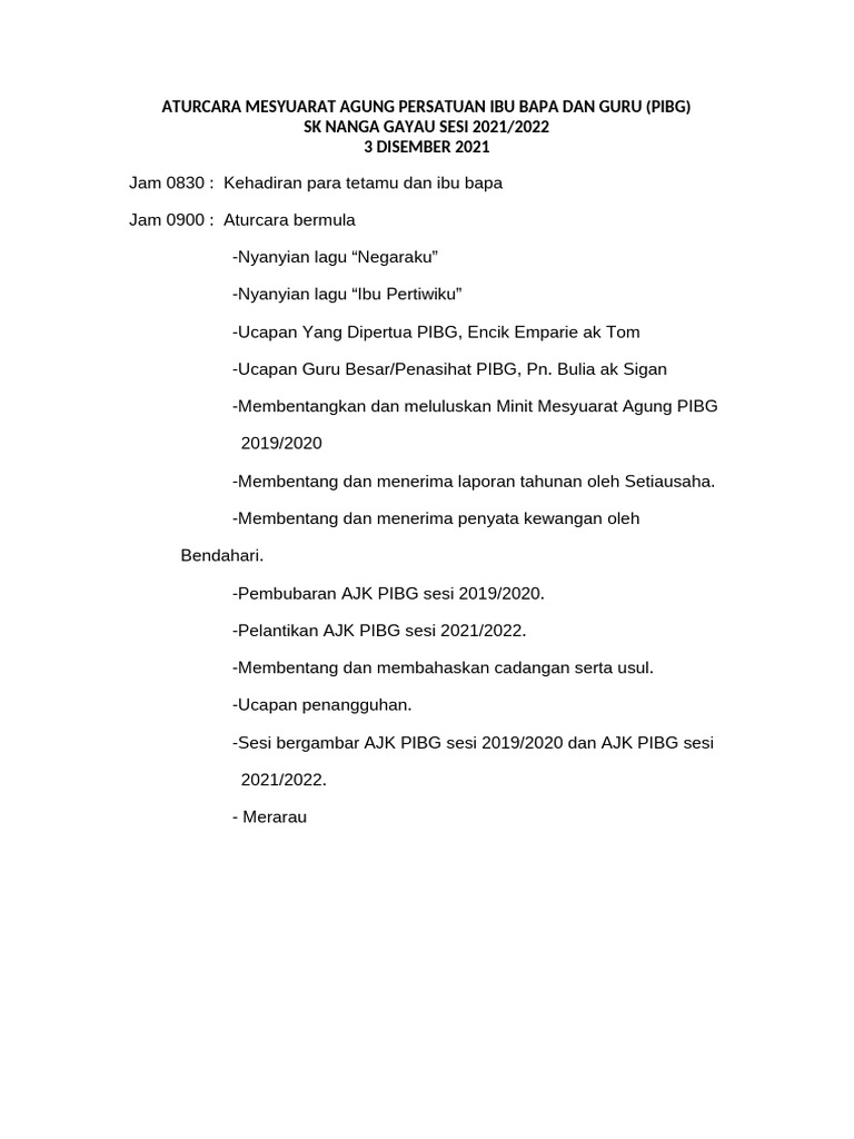 Aturcara Mesyuarat Agung Persatuan Ibu Bapa Dan Guru Sesi 2021 | PDF