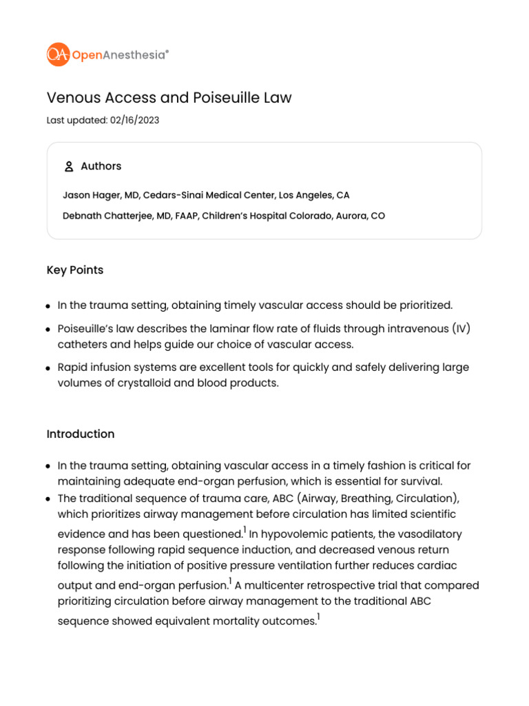 Venous Access and Poiseuille Law - OpenAnesthesia | PDF | Intravenous ...